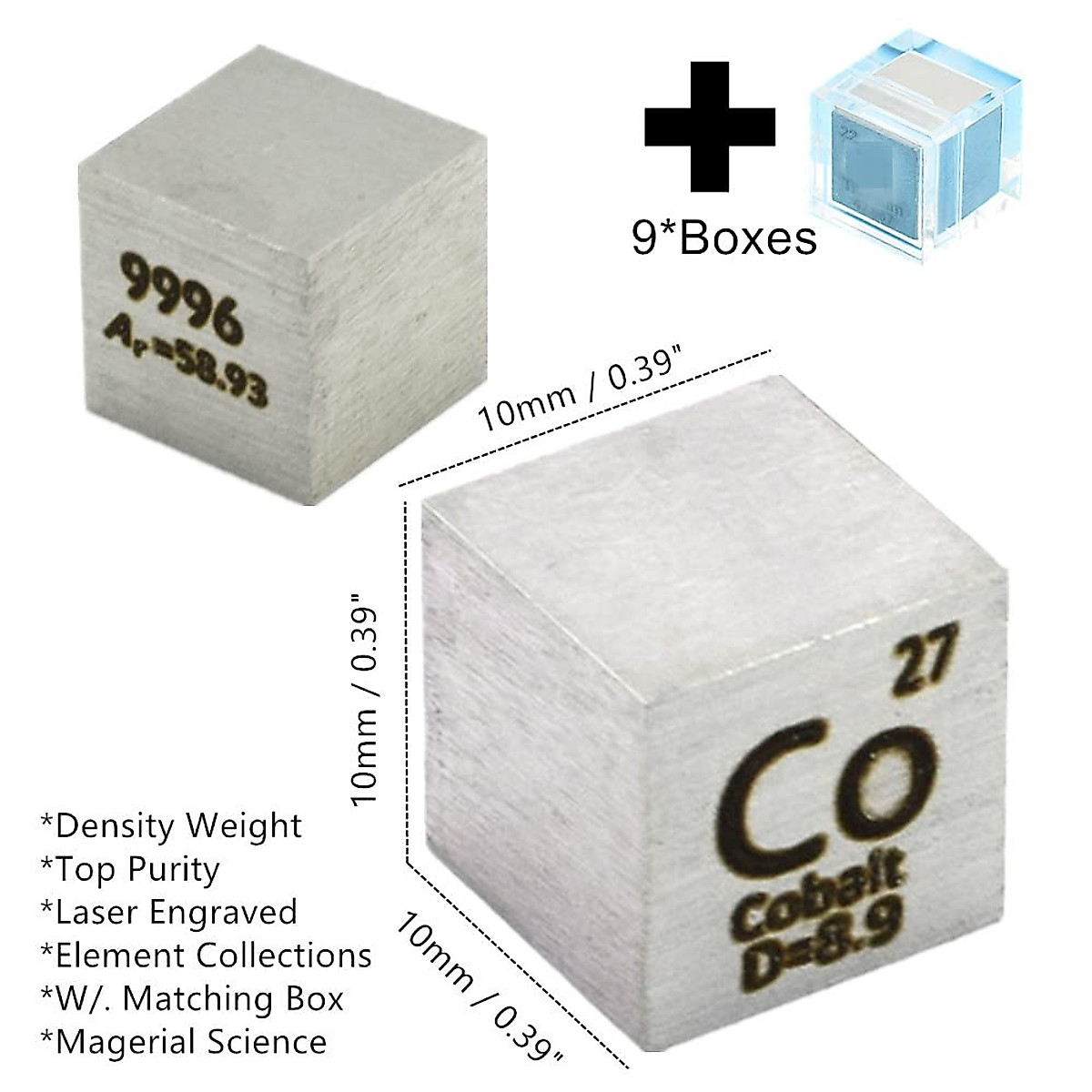 9 Density Cubes for Chemistry Study 0.39" Metal Cube with Density Weight for Periodic Table Collection and Education Co Cr Mo Nb Pb Zr W Y Pb