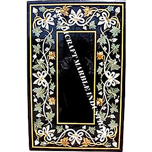 Pietra Dura Natural Black Marble 48" x 30" Inch Grapes Pattern Rectangle Dining Table Top, Black Marble Meeting Room Table Top, Piece of Conversation, Family Heirloom