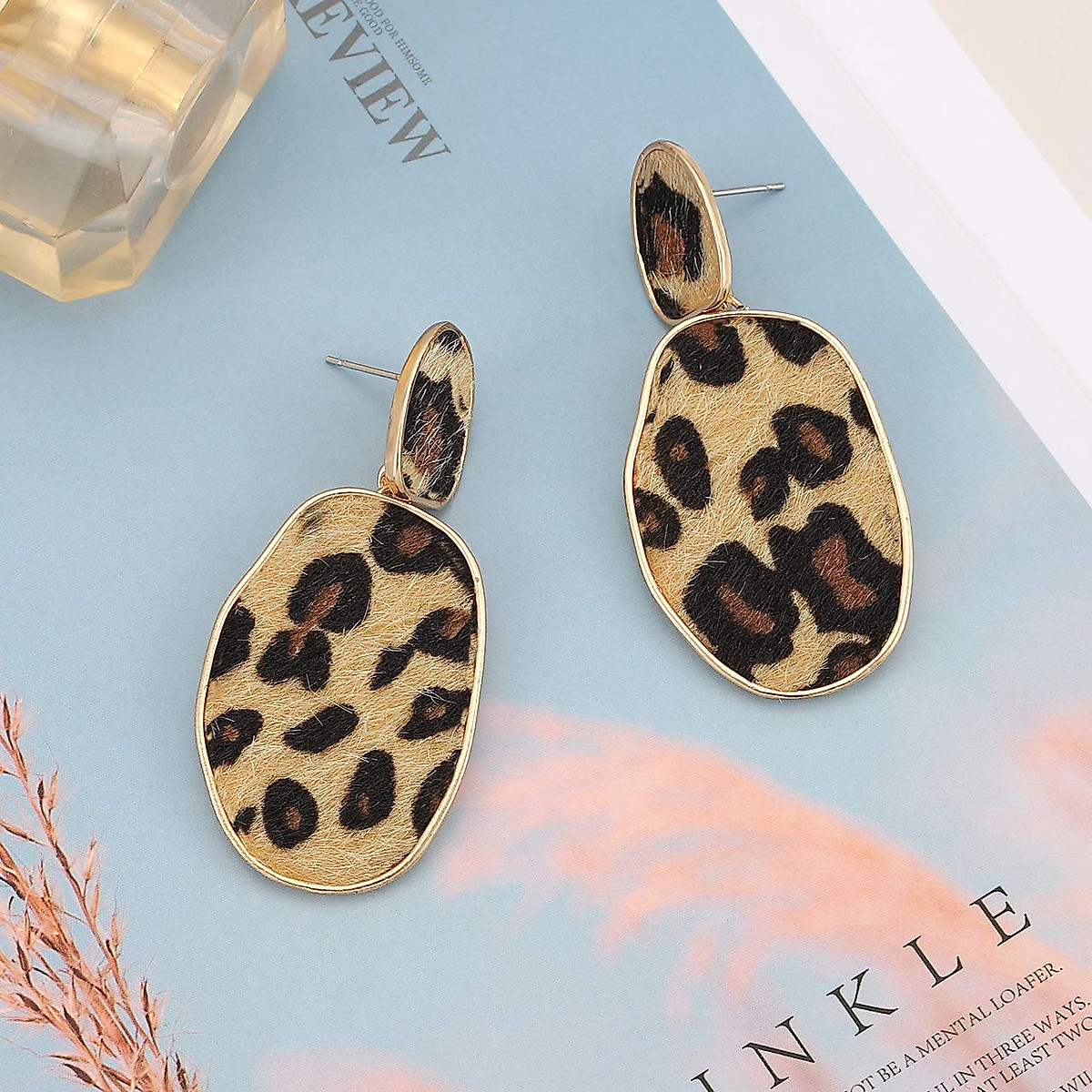 Leopard Print Earrings Lightweight Geometric Faux Leather Drop Dangle Earring Statement Animal Print Stud Earring For Women (brown leopard)