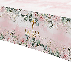 Suhelkit God Bless Baptism Decorations Tablecloth Girls - First Communion Decorations Party Table Cover, Pink Christening Celebration Baby Shower Religious Table Cloth, 3 Pack (54in x 108in)