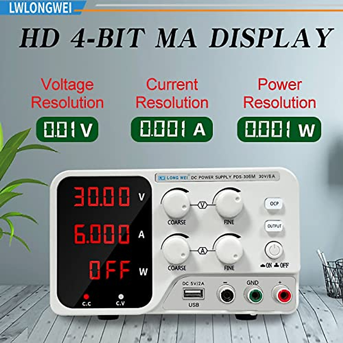 DC Power Supply Variable,30V 6A 180W Adjustable Switching Regulated DC Bench Power Supply with 4-Digits LED Power Display 5V/2A USB Output, Coarse and Fine Adjustments White