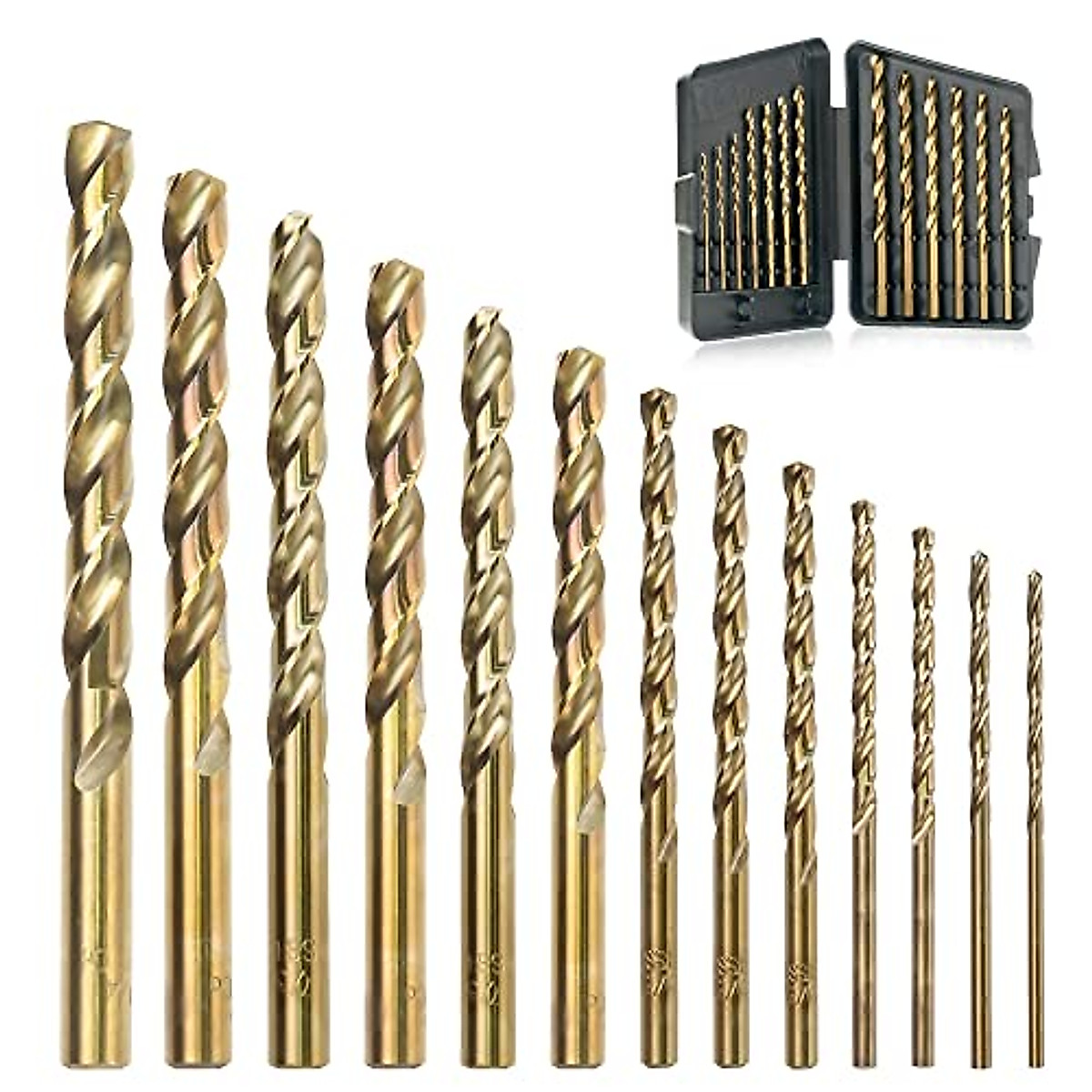 GMTOOLS 13Pcs Cobalt Drill Bits Set, M35 High Speed Steel, 135 Degree Tip, Twist Jobber Length Drill Bit Kit for Hardened Metal, Cast Iron, Stainless Steel, Plastic and Wood with Storage Case 1/16"-1/4"