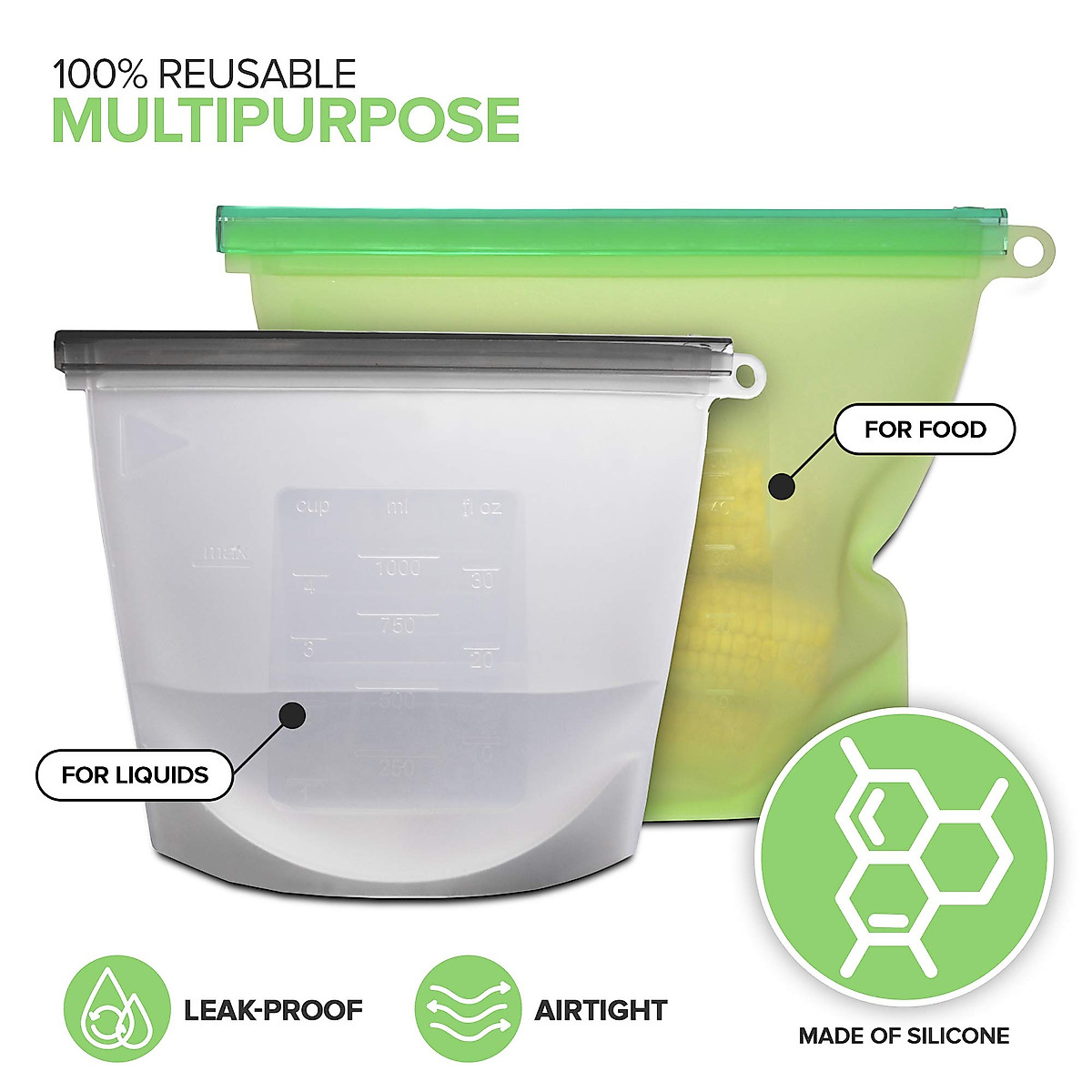 Reusable Ziploc Bags Silicone Food Storage Lunch Sandwich Snack Freezer Set 4 Leak Proof Exultimate