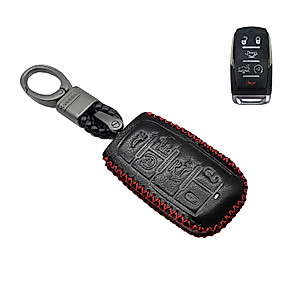 MECHCOS Compatible with Ram 1500 Limited Truck Pickup 6 Buttons Leather Case Key Fob Cover Keyless Remote Holder Protecter Key Chain