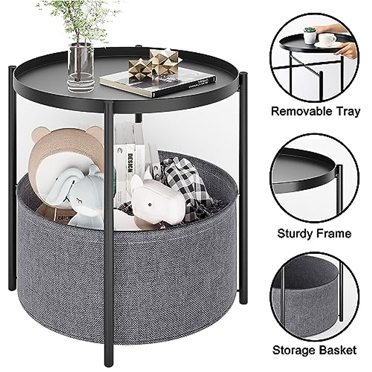 Fixwal End Tables with Fabric Storage Basket, SideTables Bedroom, Metal Small Bedside Table Nightstand with Removable Tray for Living Room, Nursery, Laundry, Black Nightstand