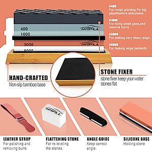 Knife Sharpening Stone Set, HMPLL Whetstone Knife Sharpener Stone Set 4 Side Grit 400/1000 3000/8000, Professional Include Non-Slip Bamboo Base, Leather Strop, Flattening Stone & Angle Guide