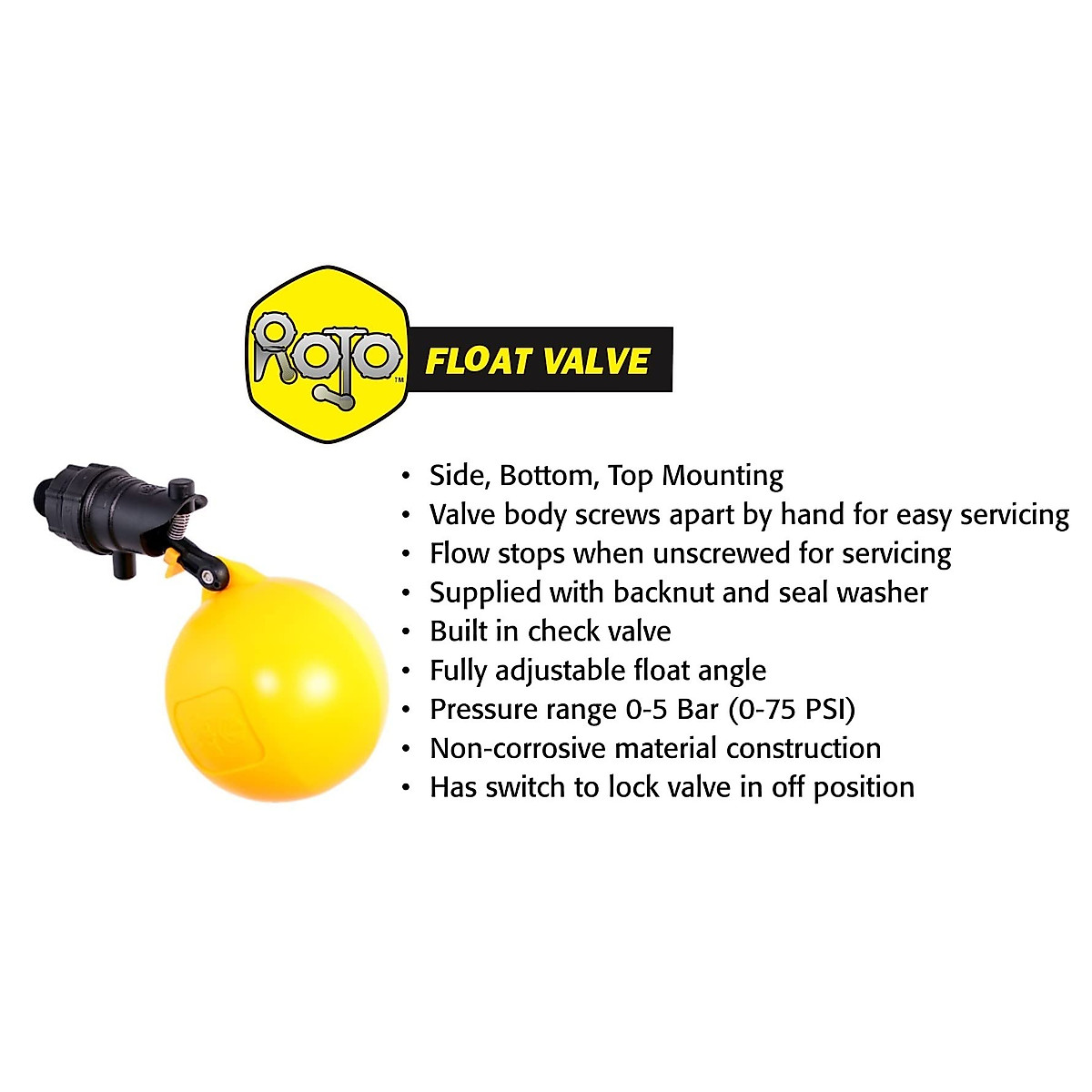 Jobe Valves J-RJV0075HF Rojo High-Flow Low-Pressure Float Valve, 4.9"-Wide Float, 3" Extension Arm, 20L/Min, 75PSI, 3/4" NPT Inlet, Yellow/Black