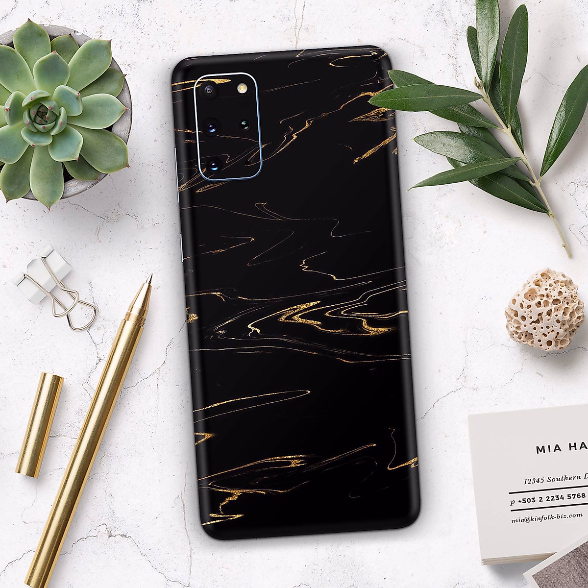 DesignSkinz Black & Gold Marble Swirl V10 Protective Vinyl Decal Wrap Skin Cover Compatible with The Samsung Galaxy S20 (Screen Trim & Back Glass Skin)