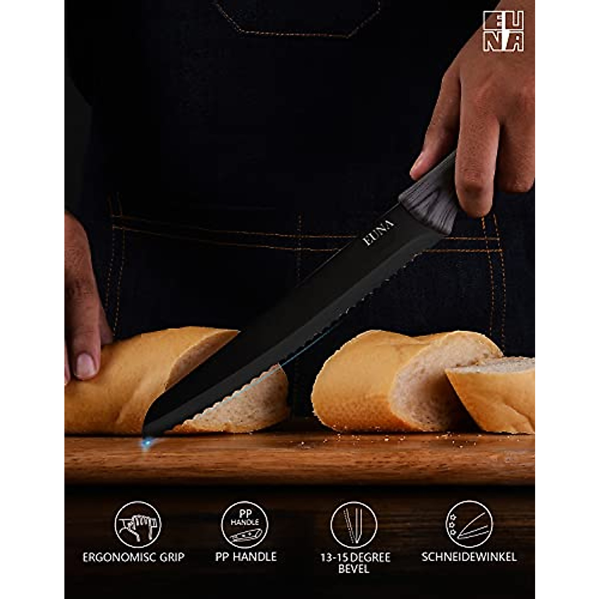 EUNA Serrated Bread Knife, 8 Inch Bread Cutter With Sheath & Gift Box, Stainless Steel Utility Knife for Slicing Homemade Bread, Bagels, Cake, Non-stick Coating
