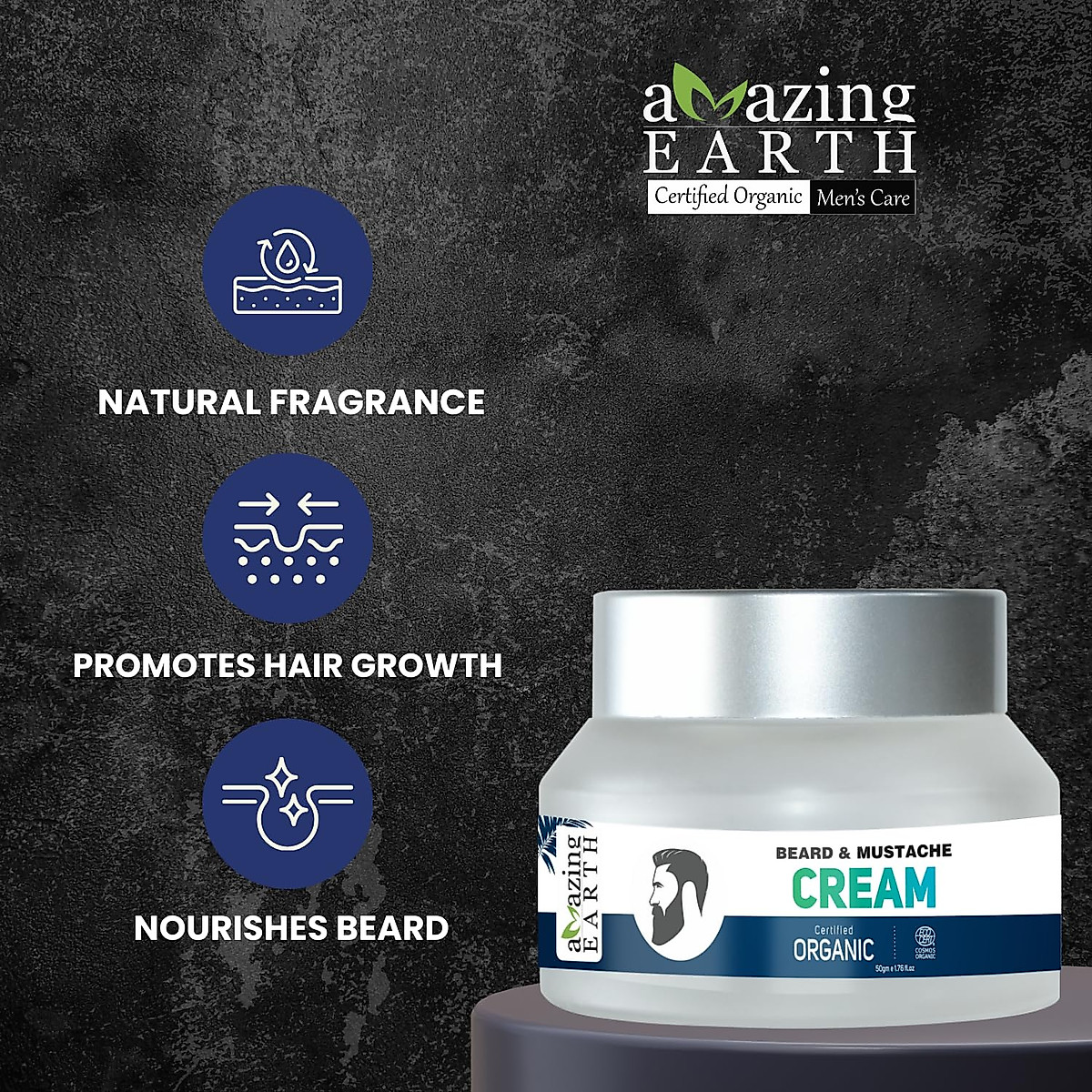 Amazing Earth Beard and Mustache Cream for Men -Certified Organic, Styling, Hair Growth, Soft Beard, Chemical-Free and Vegan -50 g