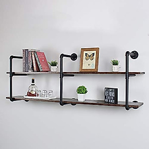 OISSIO Industrial Pipe Wall Shelf,2-Tiers Wall Mount Bookshelf,63in Rustic Wall Mount Shelf,DIY Storage Shelving Floating Shelves,Rustic Pipe Shelving Unit,Wall Book Shelf for Home Organizer