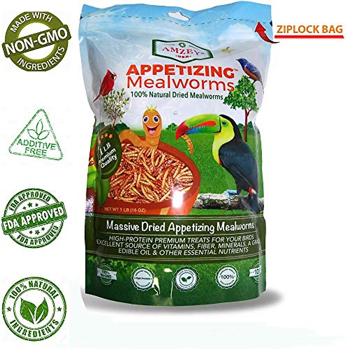 Amzey Dried Mealworms 1 LB, 100% Natural for Chicken Feed, Bird Food, Fish Food, Turtle Food, Duck Food, Reptile Food, Non-GMO, No Preservatives, High Protein and Nutrition, Zipped Bag