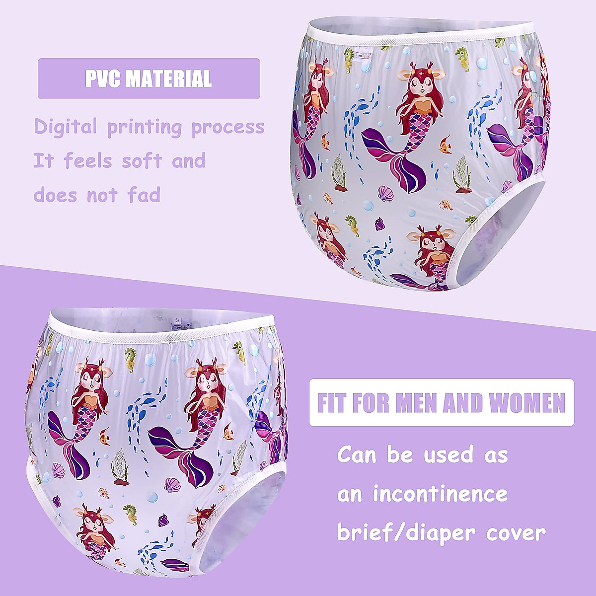Aimisin Adult Baby Plastic Cute Pattern Print Pants Adult Incontinence PVC Diaper Cover 1 Piece (Purple-3D-Mermaids Under The sea, Medium)