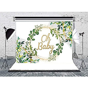 Flowerstown Oh Baby Backdrop 5x3ft Oh Baby Sign for Backdrop Green Leaves Floral Baby Shower backdrops for Photography Newborn Announce Pregnancy Party Decorations Backdrop FT090-XS