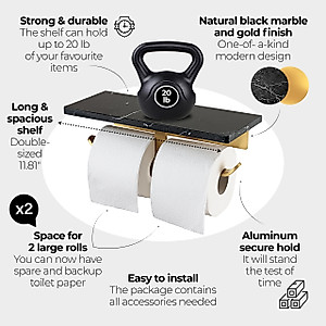Toilet Paper Holder with Shelf (Natural Black Marble & Gold) - Wall Mounted Toilet Paper Storage, Easy to Install