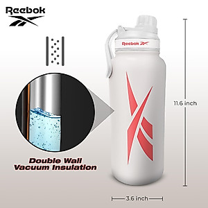 Reebok Stainless Steel Water Bottle With Athletic Design - Insulated Water Bottle 40 oz With Chug Lid - Double Wall Vaccum Insulated Sports Water Bottle, BPA Free (White)