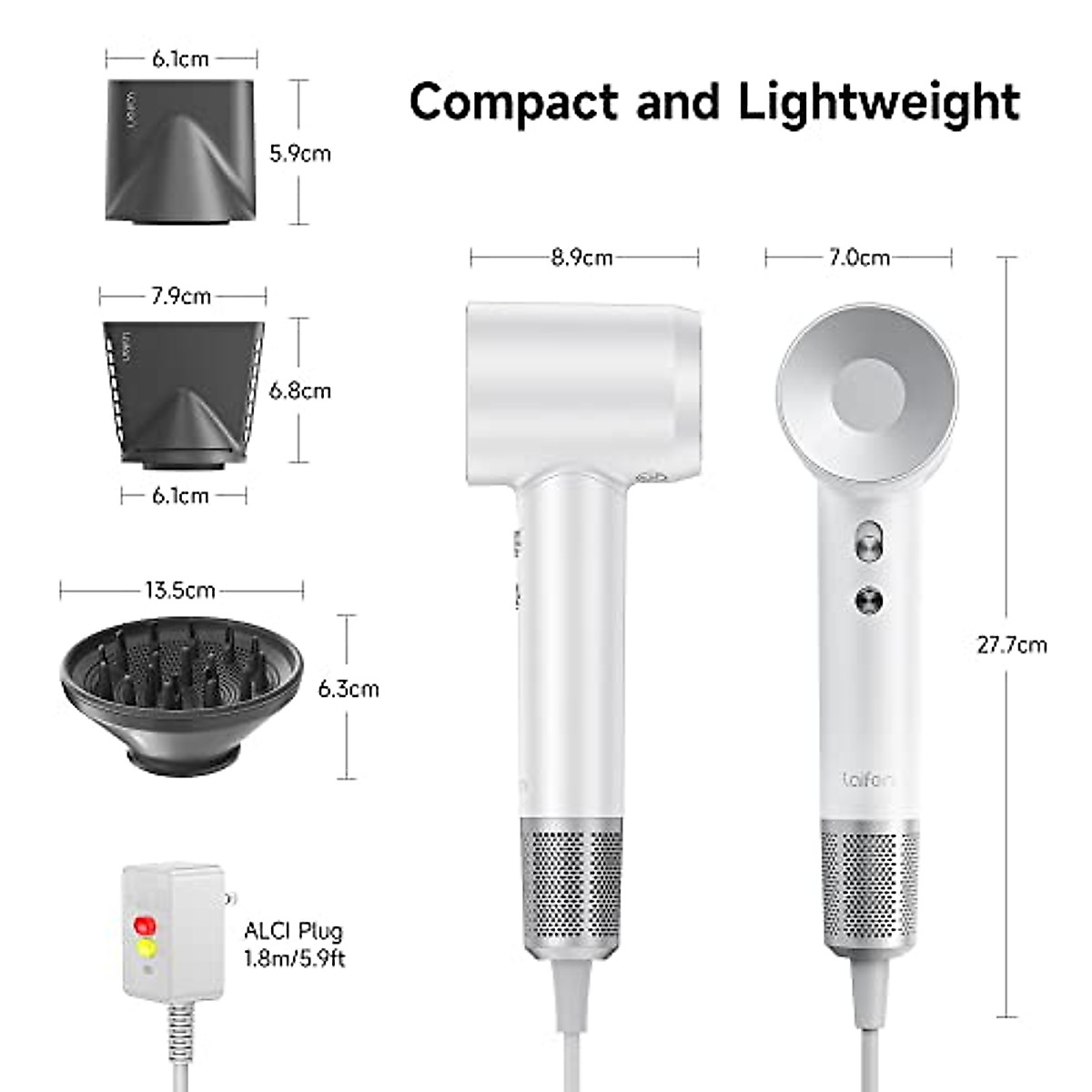 Laifen Hair Dryer, Negative Ionic Blow Dryer with High-Speed Brushless Motor for Fast Drying, Low Noise Thermo-Control Hairdryer with Magnetic Nozzle, Styling Concentrator & Diffuser (White)