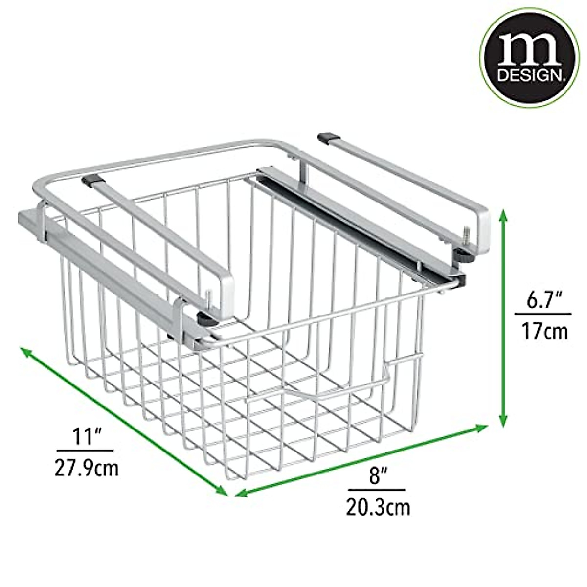 mDesign Metal Wire Extra Small Hanging Basket Pullout Drawer w/Handle; Sliding Under Shelf Storage Organizer Rack for Kitchen, Cabinet, Pantry; Attaches to Shelves, Easy Install - 2 Pack - Silver
