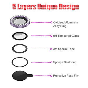 AGVEE 3+3 for iPhone 14 6.1" / 14 Plus 6.7" Camera Lens Protector, Bling Diamond & Bling Glitter Metal Ring 9H Tempered HD Glass Camera Protector Cover Film, Bling-Purple
