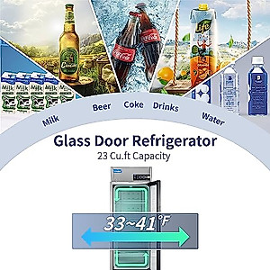 ICECASA 27" W Commercial Display Refrigerator Single Glass Door Merchandiser Reach-in 23 Cu.ft Stainless Steel Display Refrigerator Fan Cooling for Restuarant, Bar, Shop, etc