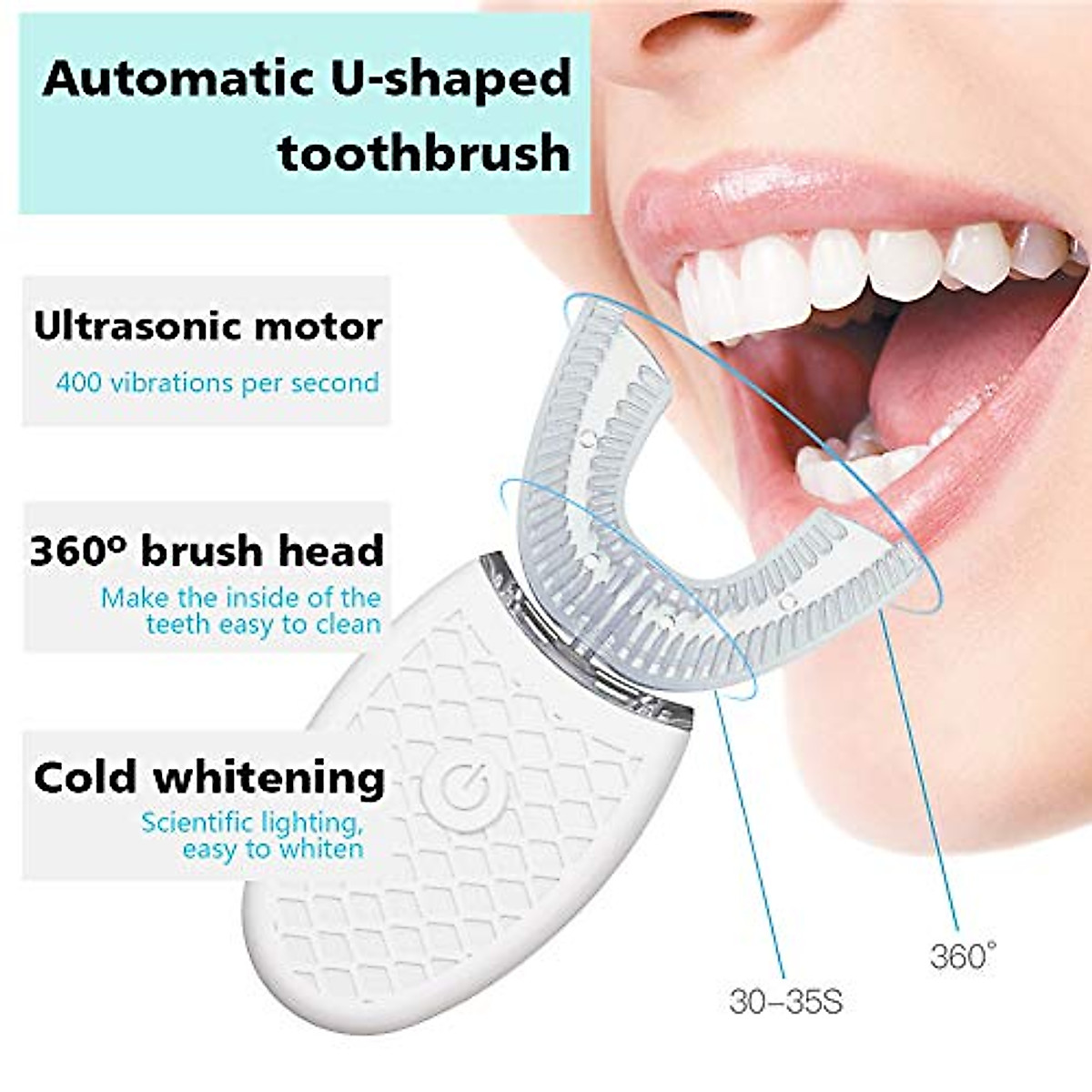 Automatic Massage Whitening Toothbrush IPX7 Waterproof Long Standby Charging Portable 360° Ultrasonic Electric Lazy Toothbrush, With LED Blue Light Whitening Lamp, Convenience Durable Clean (White)