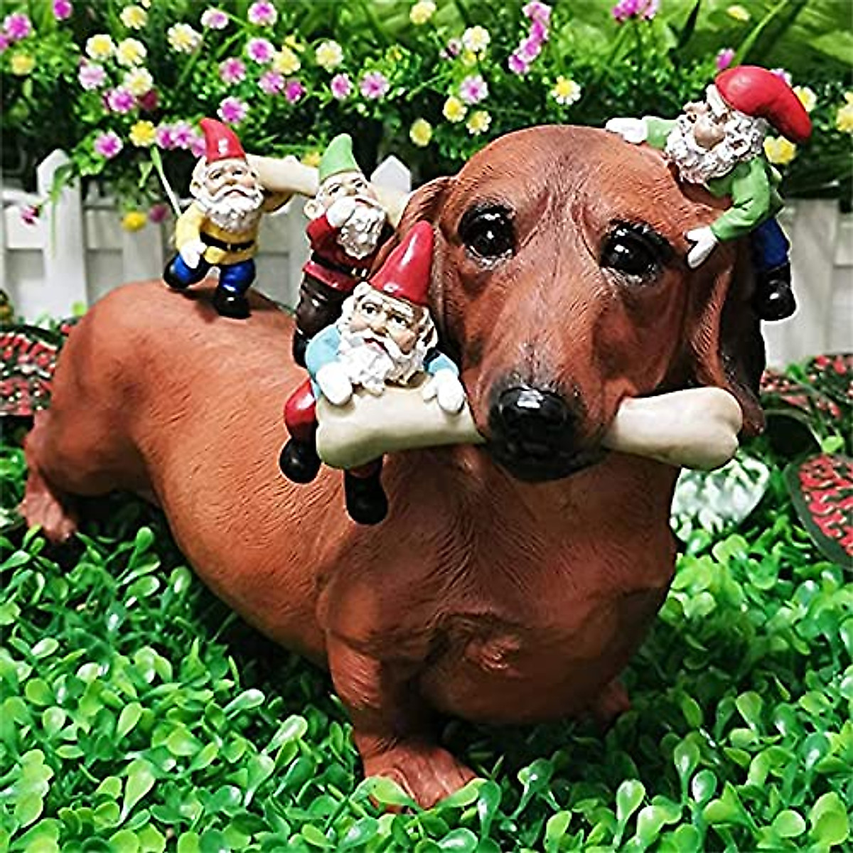 Dog Eating Bones Gnome Dwarf Statues Decoration,Funny and Cute Dachshund Dog Gnome Sculpture Art Décor,Resin Statue Garden Gardening Decorations for Outdoor Home Patio Yard Lawn Porch (Brown)