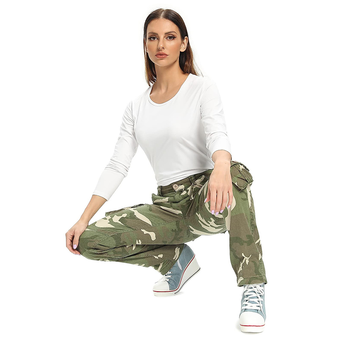 Mesinsefra Womens Cargo Pants with Pockets Outdoor Casual Ripstop Camo Military Combat Construction Work Pants Camo 34-10