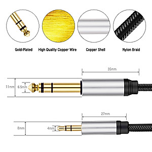 3.5 mm to 6.35 mm Audio Cable 15Ft, Gold-Plated Terminal Silver Color Zinc Alloy Housing 3.5mm 1/8" Male TRS to 6.35mm 1/4" Male TRS Nylon Braided Stereo Audio Cable for Cellphone, Amplifiers(15Ft/5M)