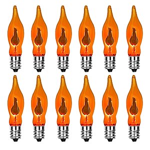 12 Pack Flicker Flame Light Bulbs, C18 Halloween Orange Flame Replacement Bulbs E12 Candelabra Base Light Bulbs for Electric Window Candles Halloween Indoor Outdoor String Lights , 1 Watt, 120 Volts