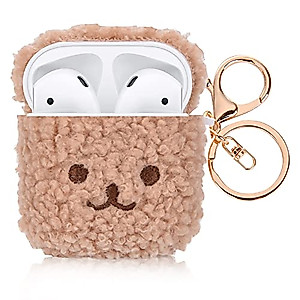 Cute AirPod Case Cartoon Fur Fluffy Bear Design with Keychain Lovely Plush Cover Compatible with AirPods 2&1 Case for Women and Kids