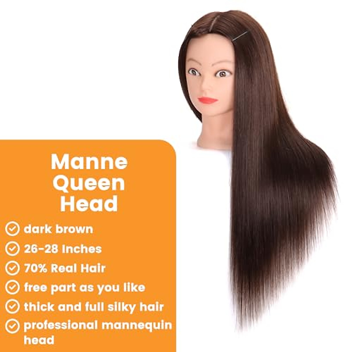 Mannequin Head with Hair 70% Real Human Hair 26-28'' Cosmetology Mannequin Head for Styling Practice on Braiding Manikin Head with Clamp Stand and Tools (Dark Brown)