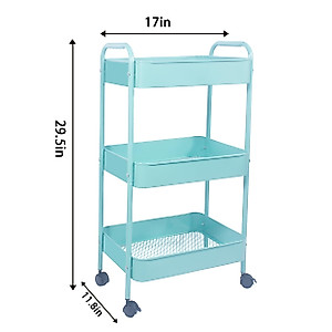 XIUSHE 3-Tier Metal Utility Cart Rolling Storage Organizer, Blue, Portable, Sturdy, Indoor Use