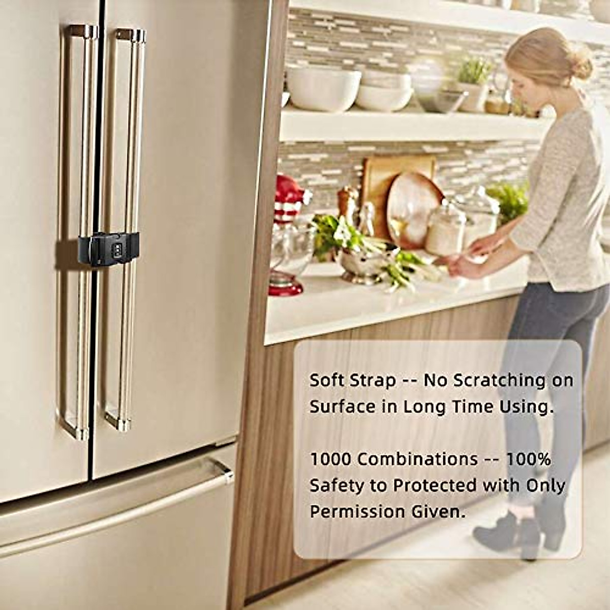 Fresheracc Fridge Freezer Refrigerator Cabinet Lock Latch, (2 Packs) Adjustable French Door Guard for Toddlers Children Kids Special Needs, No Drill No Screw No Adhesive (2 Packs Black)