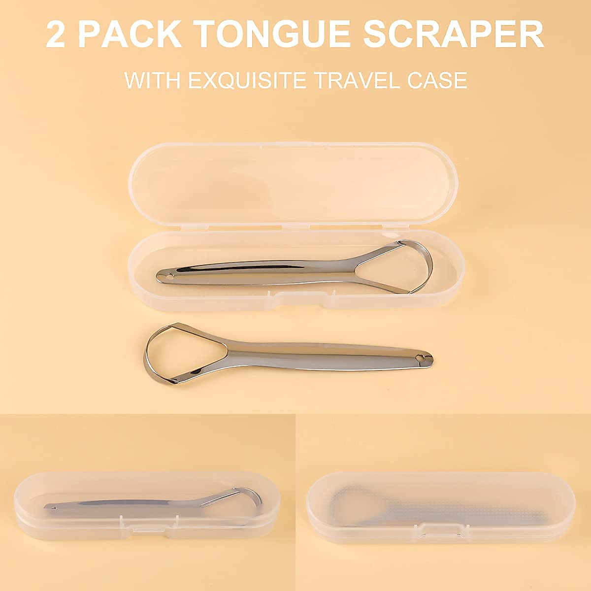 Stainless Steel Tongue scraper for Adults and Kids, Fights Bad Breath, 2 Pack Tongue Cleaner with Travel Case, Great for Oral Care, Non-Synthetic Metal Handle, Easy to Clean