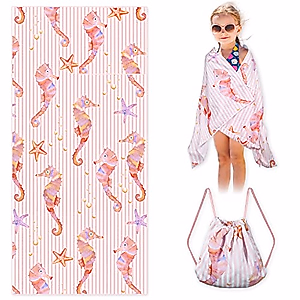 Airensky Beach Towels for Kids, 58" x 28" Portable Quick Dry Beach Towel, Super Soft and Absorbent Child Towel, Cute Camping Pool Towel for Girls(Pink Seahorse)