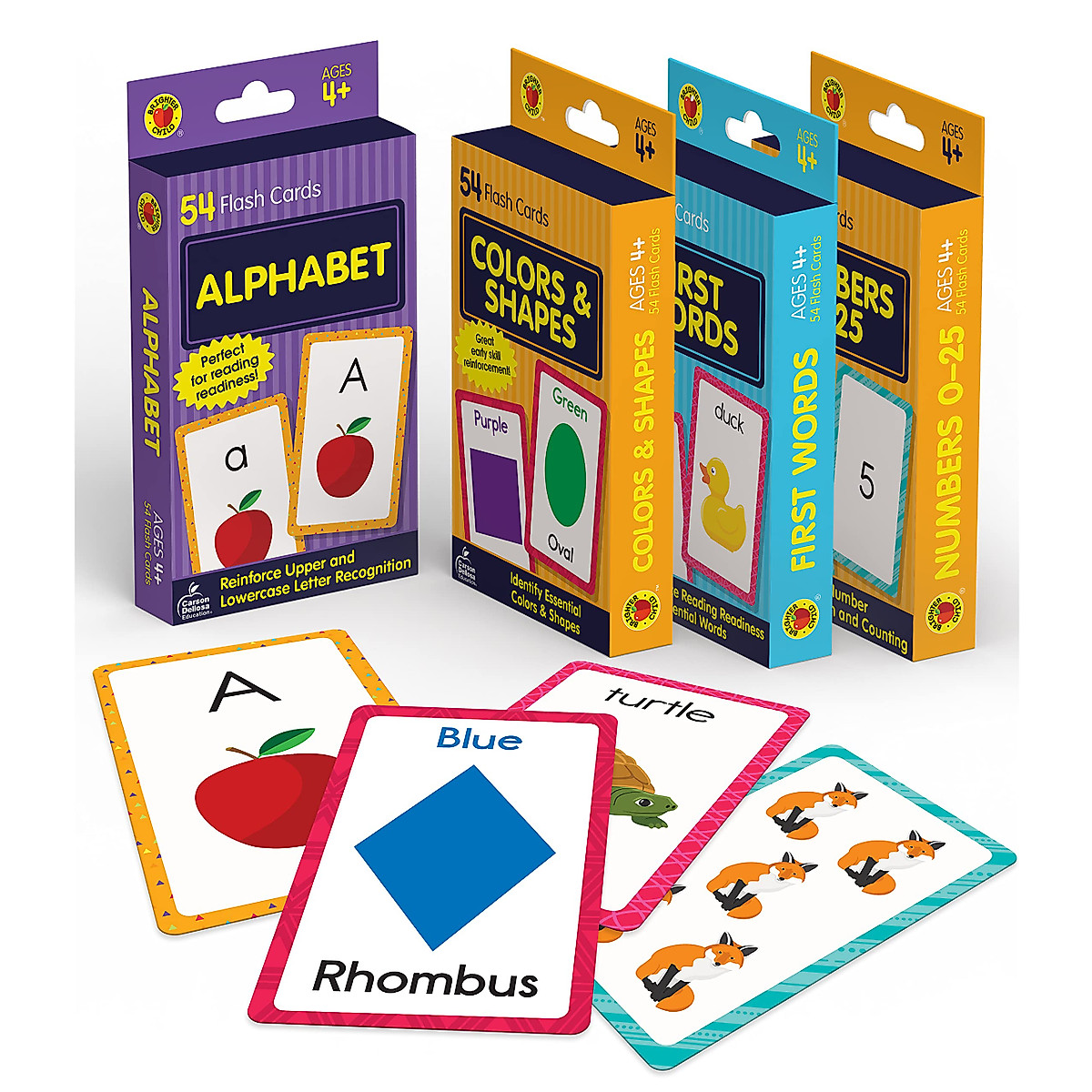 Carson Dellosa Toddler Flash Cards 4 Pack, Alphabet Flash Cards, Sight Word Flash Cards, Colors & Shapes Flash Cards, Number Flash Cards, Math & Phonics Kindergarten - Preschool Learning Activities 4+