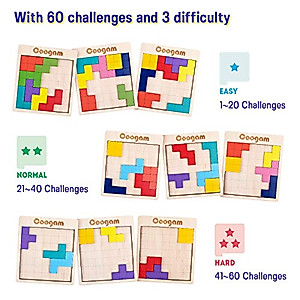 Coogam Wooden Puzzle Pattern Blocks Brain Teasers Game with 60 Challenges, 3D Russian Building Toy Wood Tangram Shape Jigsaw Puzzles Montessori STEM Educational Toys Gift for Kids Adults