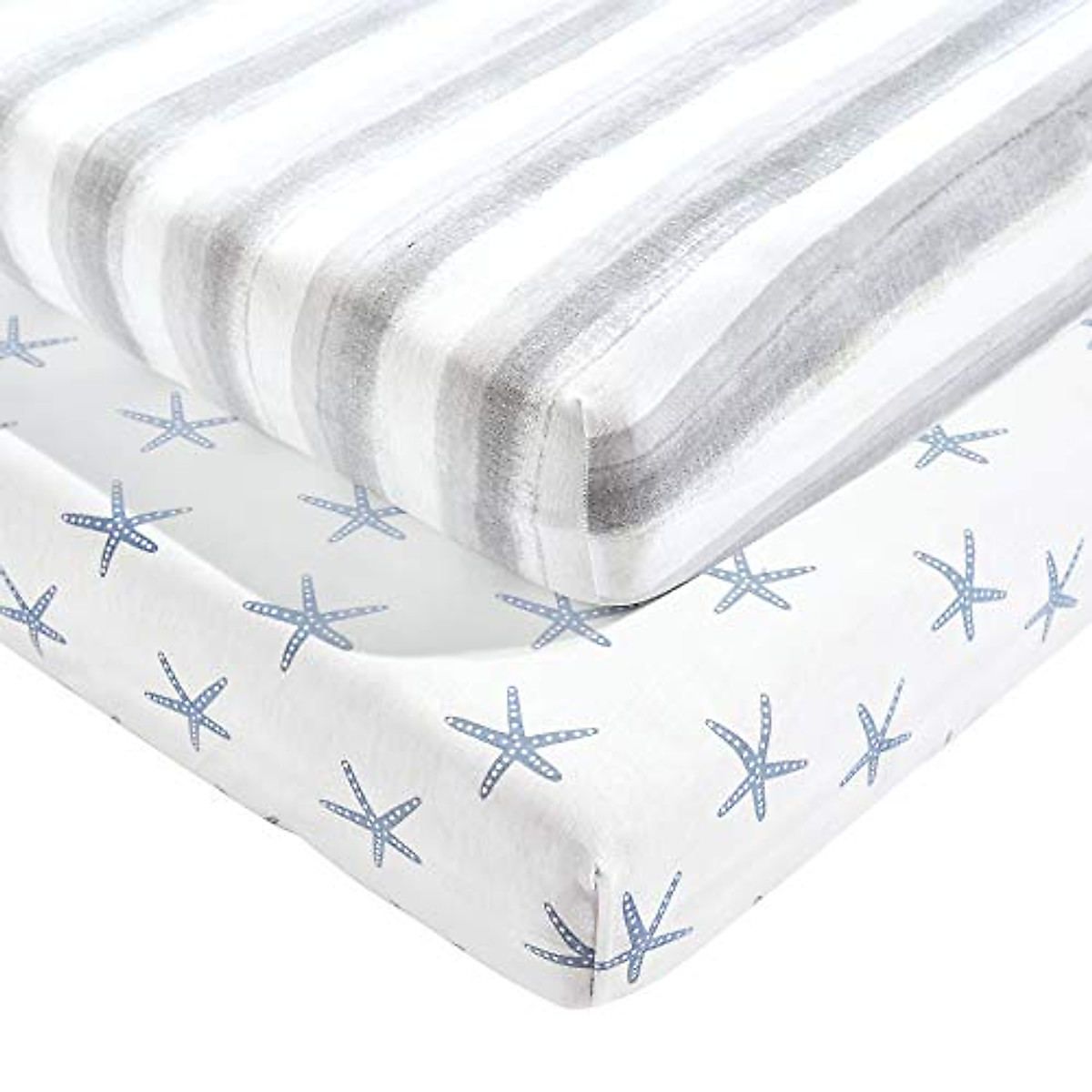 Lush Decor Baby Seaside Starfish Organic Cotton 2 Pack Fitted Crib Sheet, Blue, 52" L x 28" W + 9" Drop