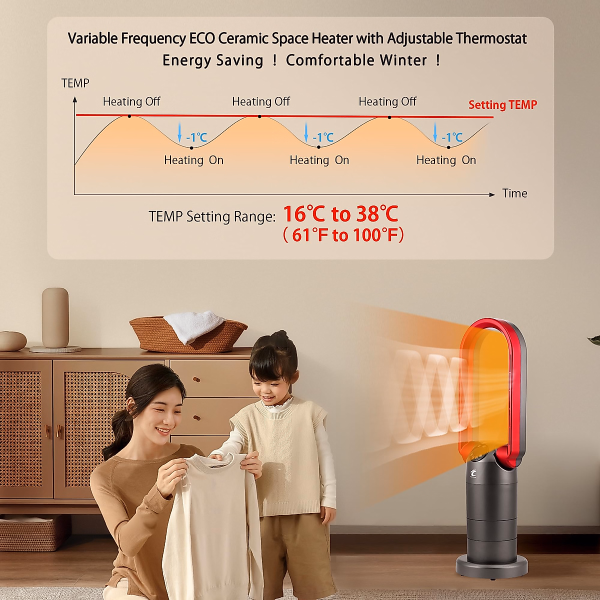 OceanLoong Space Heater & Bladeless Tower Fan All Season for Home, 1500W Eco Electric Heater with Adjustable Thermostat, Tip-Over Switch, Remote Control, Timer, Oscillating, Tilt Head, 29” Red, AB01
