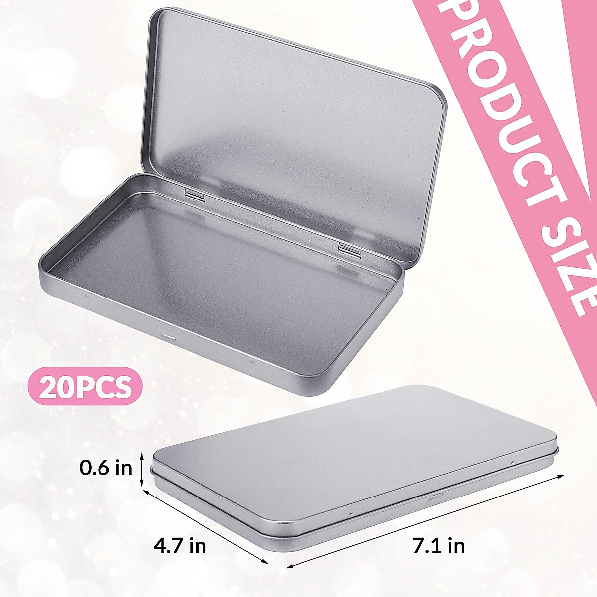 Rectangular Metal Tin Box with Lid Metal Hinged Lid Tin Metal Empty Tin Box Container Silver Storage Tin Box for Watercolor Jewelry Pen Eraser Pill Candy Craft Organize 7 x 4.25 x 0.59''(20 Pieces)