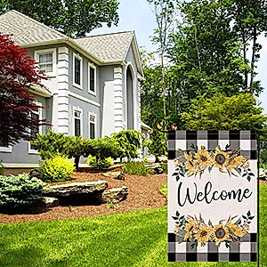LARMOY Spring Summer Welcome Garden Flag for Outdoor,12×18 Double Sided Black and White Buffalo Plaid with Sunflowers,Small Yard Flags for All Seasons,Seasonal Farmhouse Outside Holiday Decor
