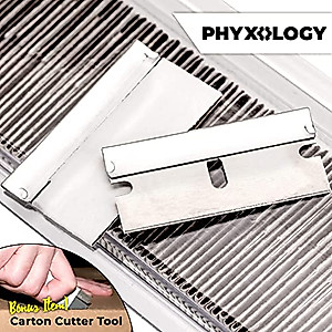 Ultra Sharp, USA-Made Steel Razor Scraper Blades Bulk 100 Pack by Phyxology Supply with Cardboard Carton Cutter Tool! Strong Single Edge 1.5 in Blade for Scrapers and Cutting Tools in a Safe Reclosable Box