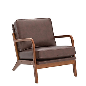 Upholstered Mid Century PU Leather Accent Chair, Comfy Lounge Armchair with Thicken Cushion, Modern Wooden Arm Chair, Sturdy Reading Chair for Living Room, Bedroom, 300 LBS Weight Capacity, Brown