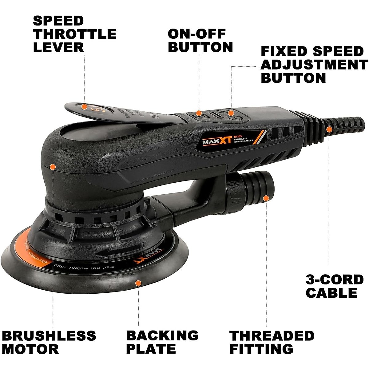 MAXXT Random Orbital Sander Brushless 350W 3A Multi-function Variable Speed Electric Corded Orbital Sanders Machine with 10 Sanding Paper for Woodworking, Drywall Sanding, Polishing (5.0mm Orbit)