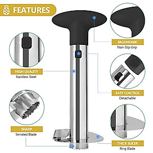 AUBENR Premium Pineapple Corer and Slicer Tool - Sharp Pineapple Cutter with Serrated Tips - Easy to Use and Clean - Stainless Steel Core Remover for Pineapple - Core Fruits with Ease(Black)
