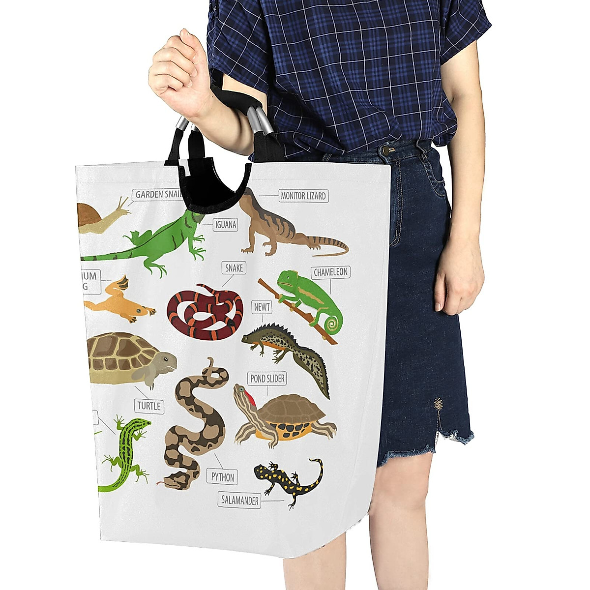 Green and Brown Pet Reptiles Frog Iguana Lizard Snake Newt Turtle Laundry Hamper Basket Bucket, Foldable Dirty Clothes Bag, Waterproof Fabric Washing Bin, Toy Storage with Handles for Bathroom