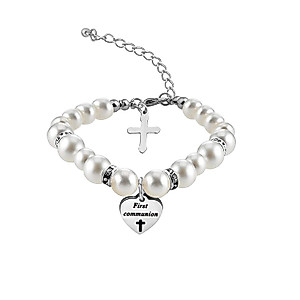 AKTAP Christening Gifts First Communion Bracelet Goddaughter Pearl Bracelet With Cross Charm (First Communion Bracelet)