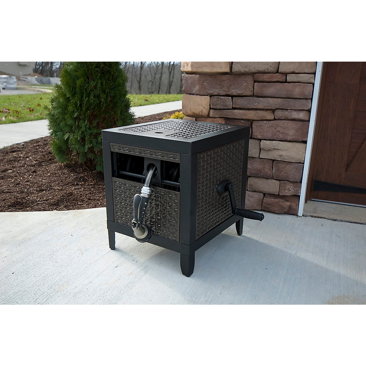 AMES NeverLeak Hose Reel Cabinet Box, 100 Ft. Capacity, Decorative with Wicker Look, Auto Track Rewinding, Black Metal