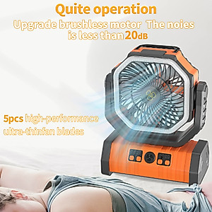 Portable Camping Fan Rechargeable with LED Lantern, 20000mAh Battery Powered Travel Fan with 1-8 Hour Timing Function, 270° Head Rotation, 4 Speeds Settings for Tents, Office, Desk, Camp and Fishing