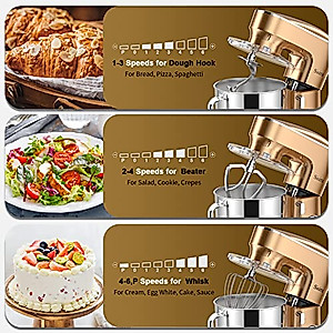 Sisiru Stand Mixer, 660W 6+P Speed Tilt-Head Electric Kitchen Mixer with 8.5 Qt Stainless Steel Bowl Dough Hooks, Whisk, Beater and Suction Cup Bottom Splash Guard, Dishwasher Safe, Gold